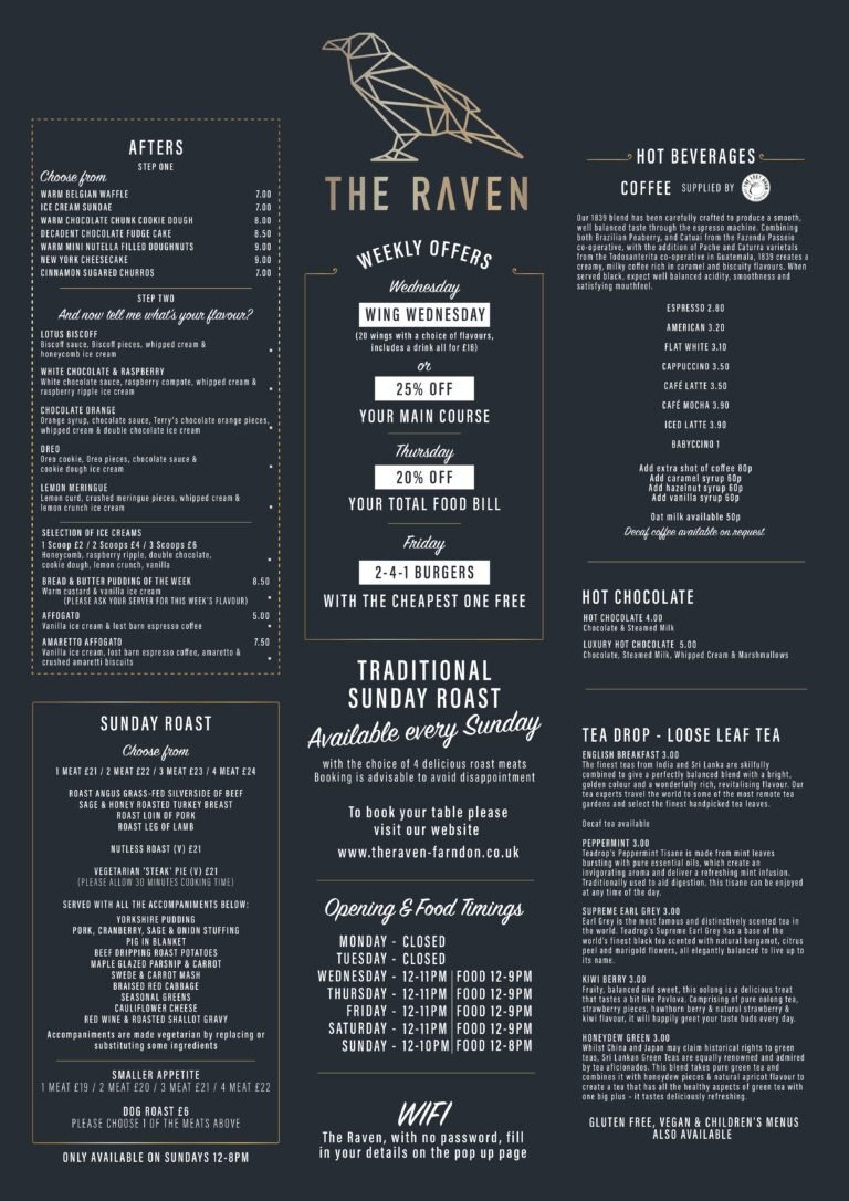The Raven Pub Menu - Delicious Food & Drinks in Farndon